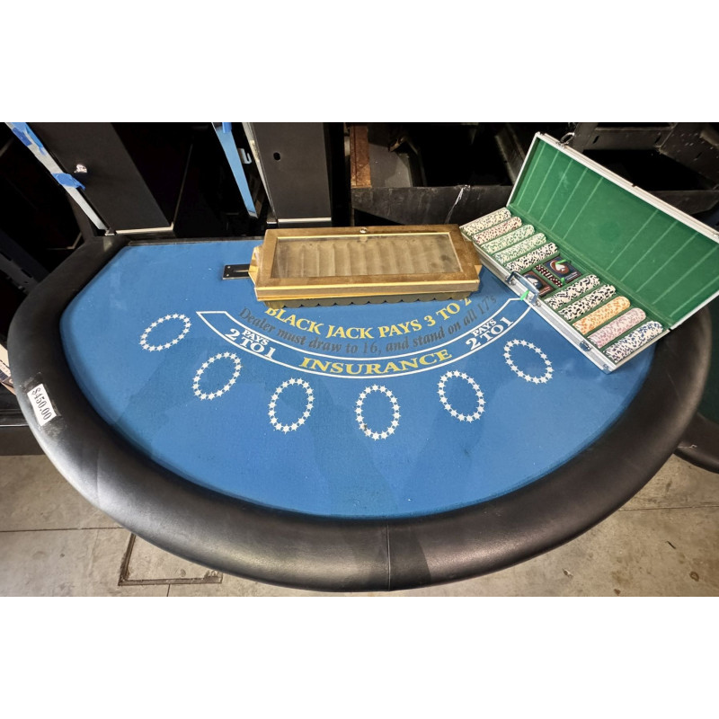 Blackjack Table with Chips and Card Shoe